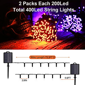 Halloween Decorations Outdoor Solar String Lights Orange & Purple, Outside 2Pack Total 144ft 400 LED 8 Modes with Timer, IP44 Waterproof Spooky Gothic Lights for Party, Patio, Tree, Garden Decor