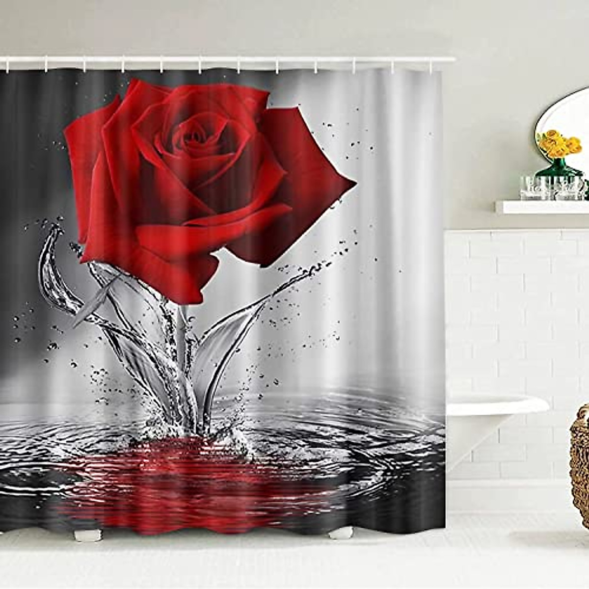 XVWJ 4PCS Water Red Rose Bathroom Shower Curtain Sets, Bathroom Sets with Shower Curtain and Rugs, Toilet Lid Cover Bath Mat, Waterproof Fabric Floral Shower Curtains with Bath Mat Sets
