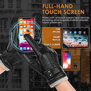 Genuine Sheepskin Leather Gloves for Men, Winter Warm Touchscreen Texting Driving Motorcycle Cashmere Lined Gloves (Black, L)