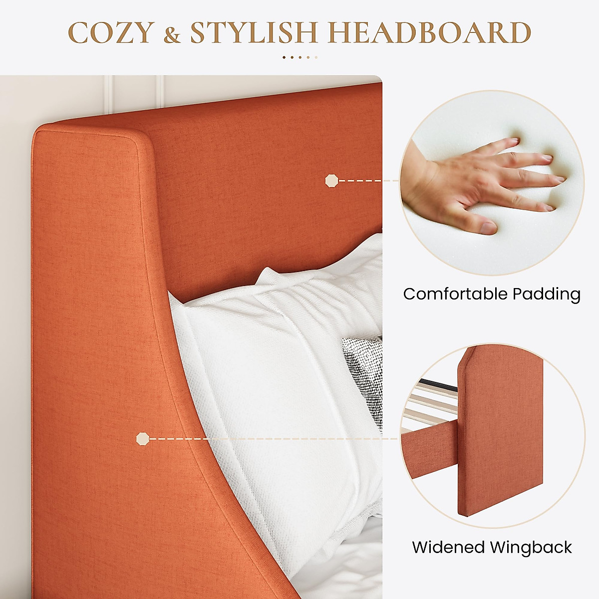 SHA CERLIN Upholstered Bed Frame Queen Size with Streamlined Wingback Headboard, Breathable Linen Fabric, Solid Wooden Slats, Easy Assembly, Orange