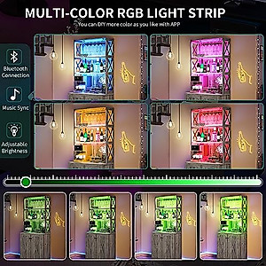 YITAHOME Bar Cabinets with LED Light, Coffee Bar Liquor Cabinet with Glass Holder, Tall Buffet Wine Cabinet with Storage for Kitchen, Dining Room, Rustic Grey Wash