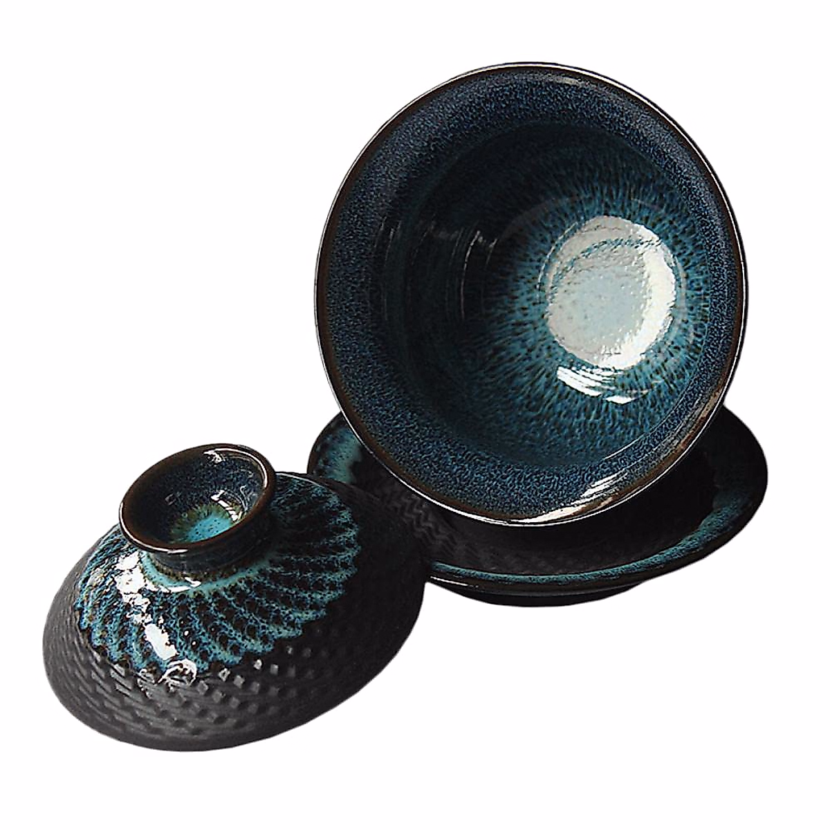 Gaolinci Kiln Glazed Ceramic Jianzhan Teacup Kung Fu Tea Cup and Saucer with Lid. 5 Oz Sancai Gaiwan