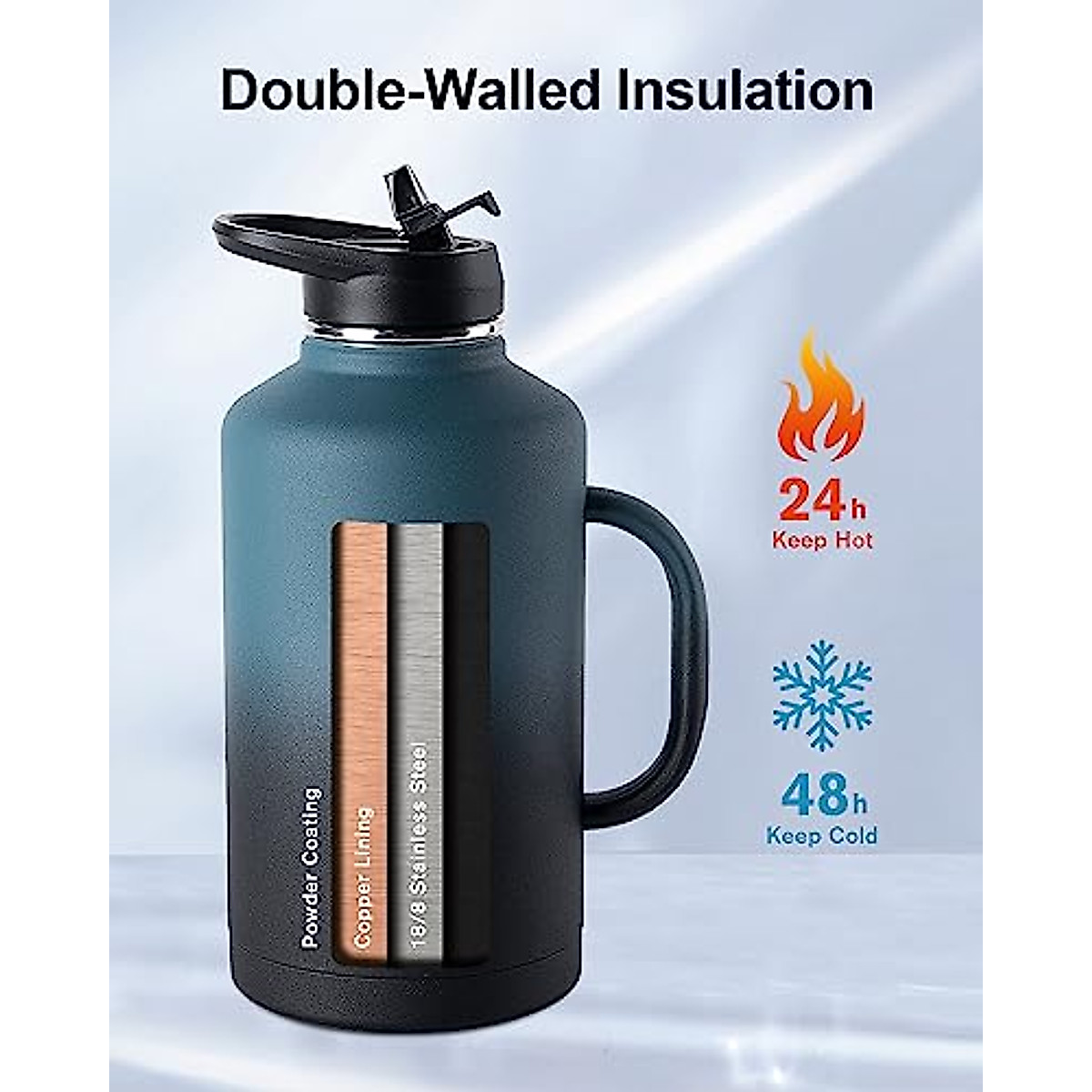 Trebo 64 oz Water Bottle Insulated with Handle, Half Gallon Stainless Steel Metal Large Jug,Travel Flask with Straw Spout Lid,Mug Tumbler Cup with Carry Pouch,Keep Cold Hot, Indigo Black