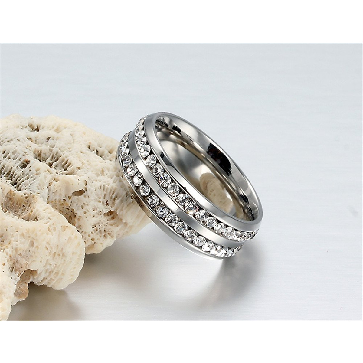 OAKKY Stainless Steel Double Rows Cubic Zirconia Wedding Ring for Men Women, Silver, Size 8