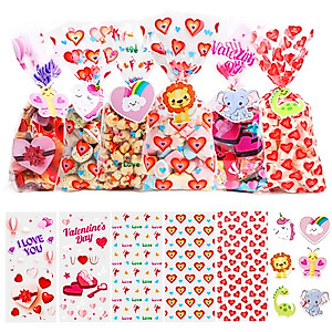 JQAQJU 100PCS Valentines Treat Bags with Valentine Cards for Kids, Valentines Day Cellophane Gift Bags for Goodie Candy Class Party Favors with 30 Gift Tags & 100 PCS Twist Ties