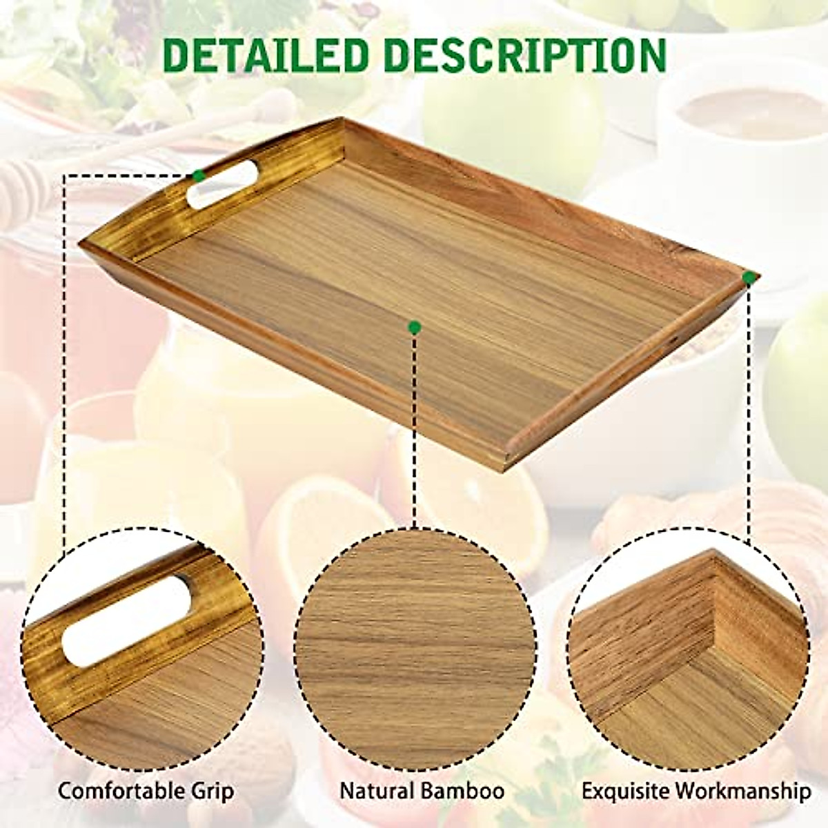 Bambu Masster Acaia Wood 2 Pack Serving Tray with Handles,Tray for Breakfast Dinner, Eating Trays for Living Room,Restaurants,