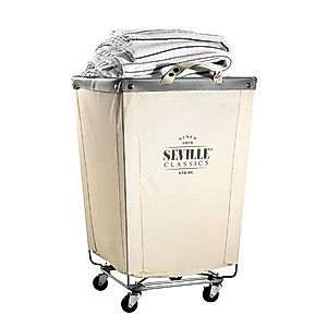 Seville Classics Large Commercial Heavy Duty Rolling Steel Frame Laundry Hamper Canvas Cart Bin, w/ Wheels for Hotel, Home, Closet, Bedroom (PATENTED), Cream, 18.1" D x 18.1" W