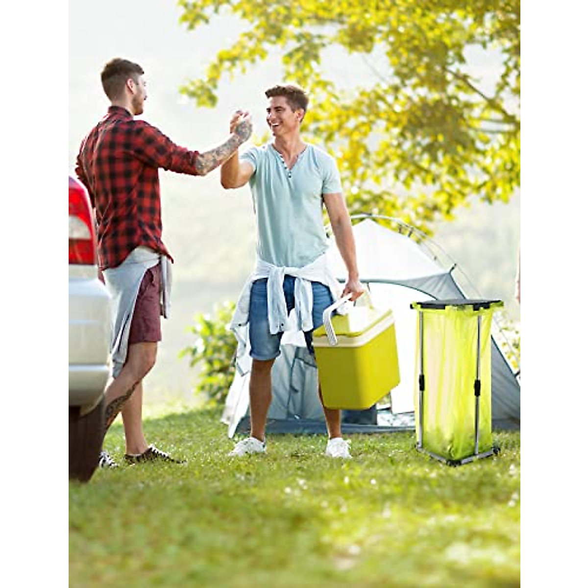 yamagahome Metal Trash Bag Holder, 16-28 Inch Height Adjustable Garbage Bag Holder with Lid, Clamp Ring and Corner Protection, Collapsible Outdoor Waste Bins, Trash Bag Stand for RV and Camping, Black