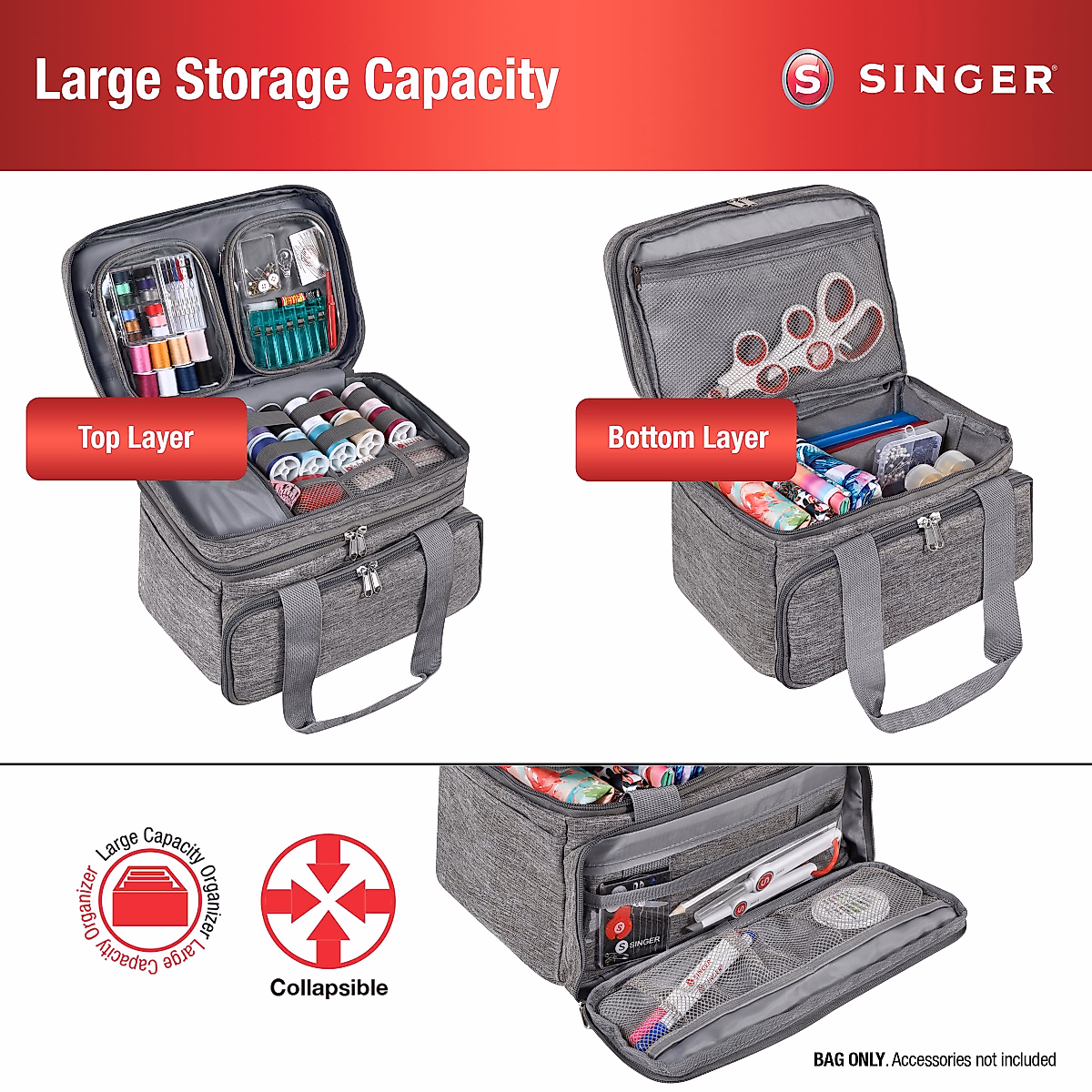 SINGER Sewing Accessories Organizer (Bag Only) – Double Layer Portable Sewing Storage Bag | 2 Detachable Pouches and 18 Compartments, Large Sewing Supplies & Crafting Carry-all (Gray)