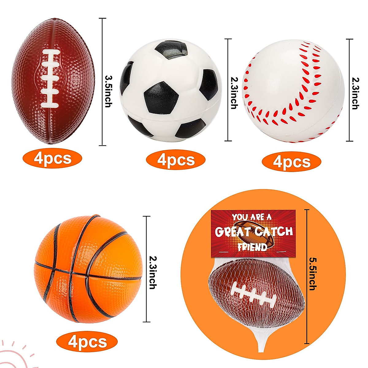 16 PCS Stress Balls Foam Bouncy Balls Stress Relief Pinata Filler Goodie Bag Stuffers Gift Card Basketball Football Party Favors for 4-8 8-12 Treasure Box Toddler Bulk Toys Classroom Kids Prizes