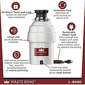 Waste King 1 HP Garbage Disposal with Power Cord, Food Waste Disposer for Kitchen Sink, L-8000