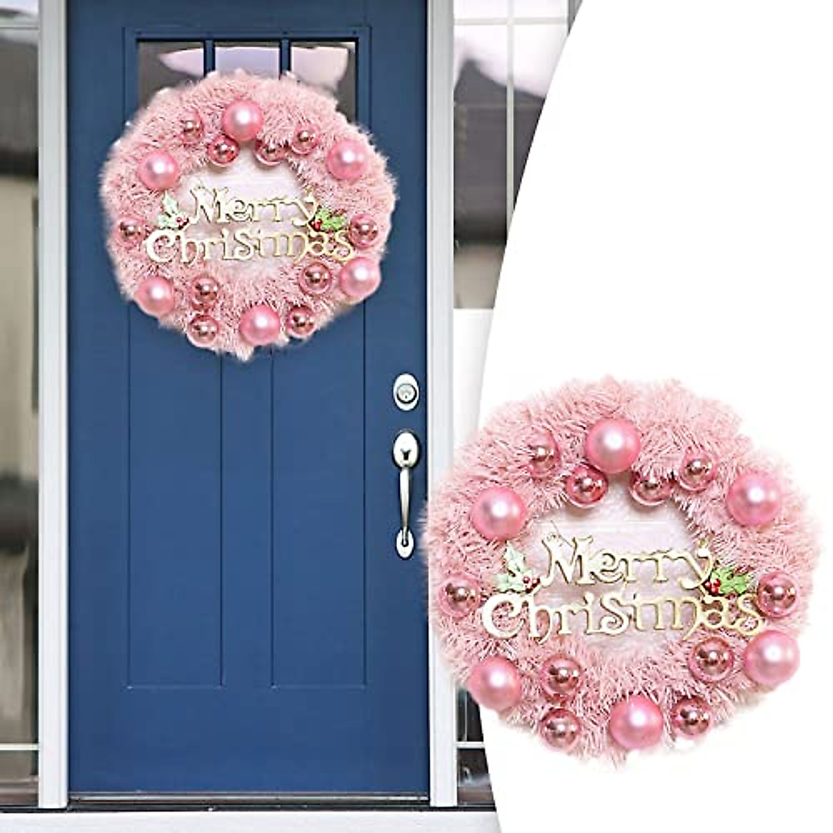 FRAKYEN Christmas Wreath Merry Christmas Garland Holiday Door Wreath Xmas Wreath with Pink Accents for Outdoor Indoor Home Party Décor,12inch