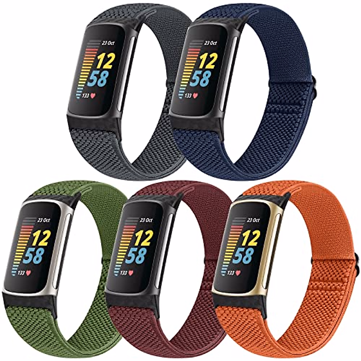 Runostrich Adjustable Elastic Watch Bands Compatible with Fitbit Charge 5 for Women Men, 5 Pack Stretchy Sport Loop Band Soft Nylon Wristband Accessories for Charge 5 Fitness & Health Tracker