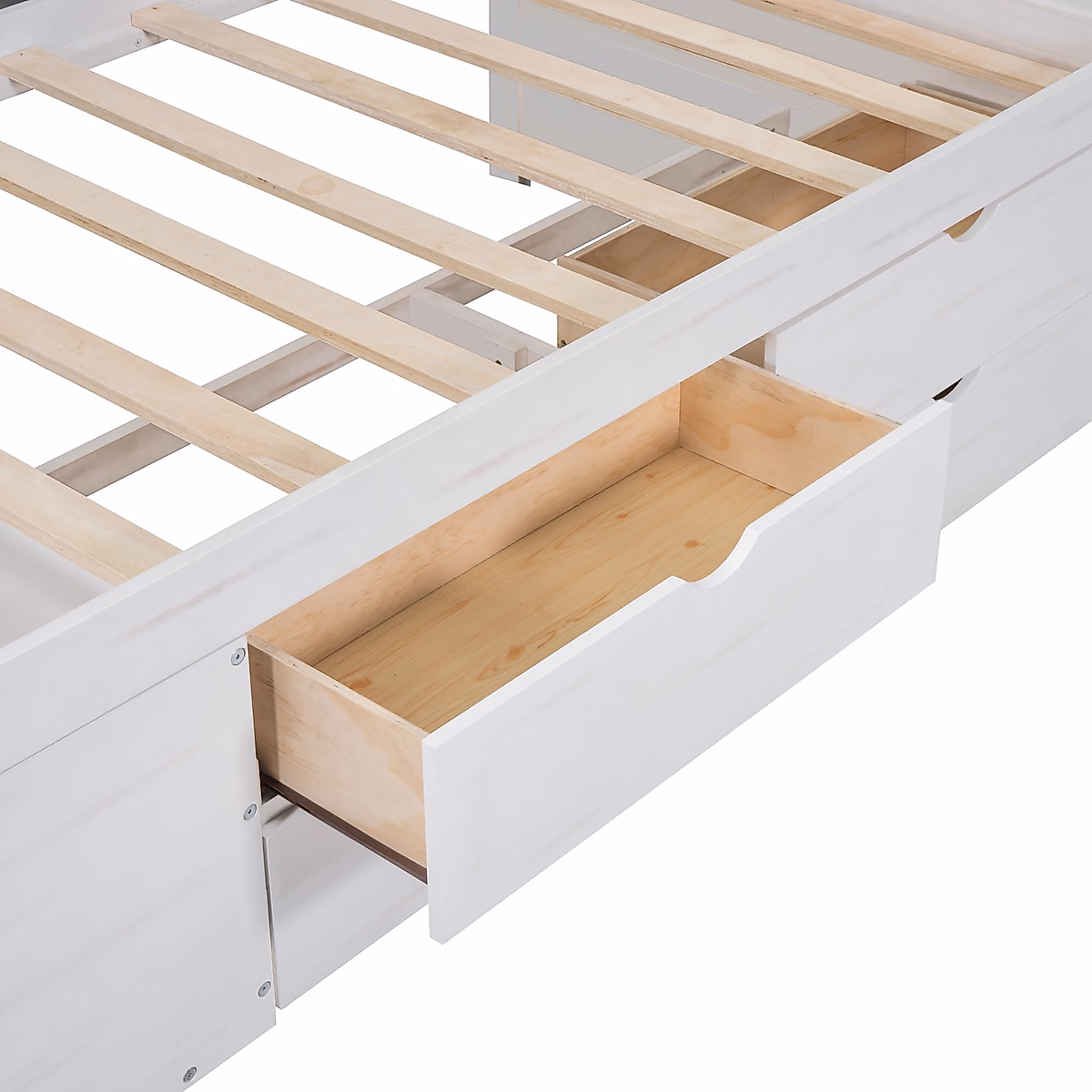 Brisca Twin Size Daybed with Four Drawers and Three Shelves,Multifunction Solid Wood Storage Bed Frame,W/Wooden Slates Support,for Kids Teens,Boys & Girls,No Box Spring Needed,White