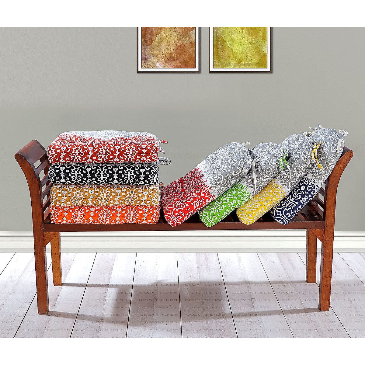 Cotton Comfortable Damask Chair Pads (Set of2) Cushions with Ties ,Handmade Thick Cotton Filling, for Dining | Office | Kitchen | Home | Living Room 16”x16'' (Orange)