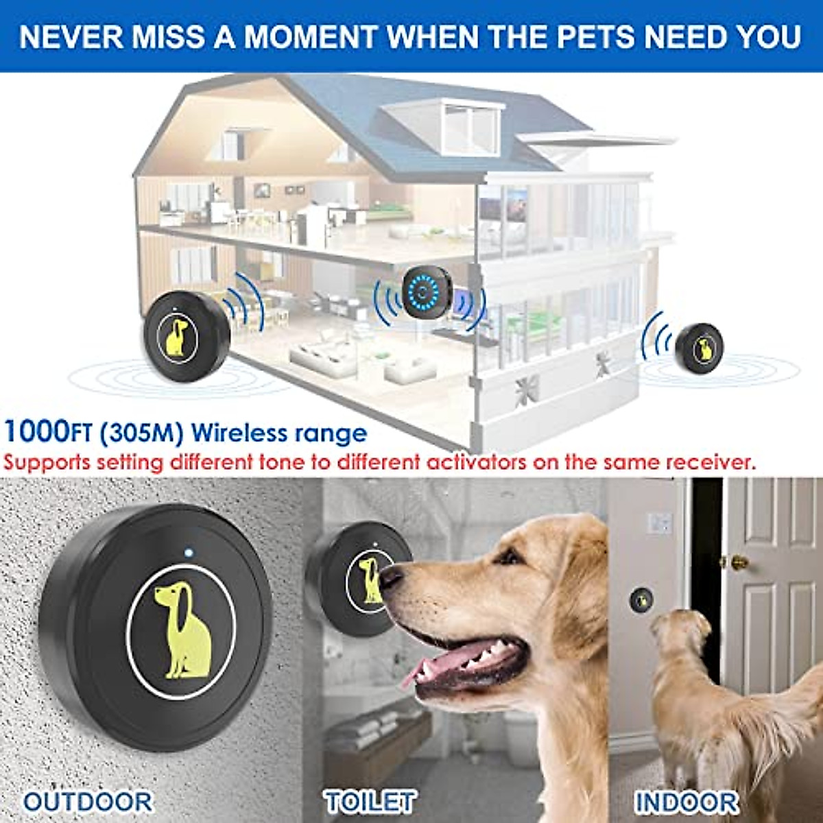 Lalolee Dog Doorbell, Dog Bell for Potty Training Wireless Doggie Door Bell for Dog Puppy Training Sliding Door/Go Outside Doorbell and Waterproof Touch Button