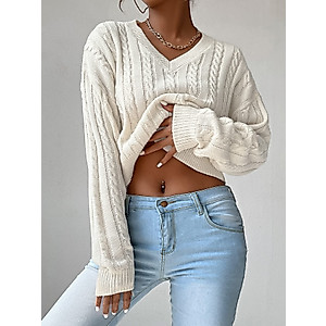 Verdusa Women's Drop Shoulder V Neck Sweater Jumper Long Sleeve Knit Pullover White S