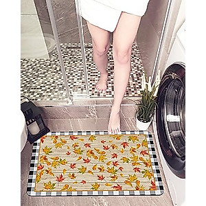 Orange Maple Leaf Bath Mat for Tub,Non Slip Bathroom Floor Runner Rug Quick Dry & Absorbent Diatomaceous Earth Kitchen Shower Sink Washable Doormat,Autumn Fall Leaves Rustic Black White Plaid 20"x32"