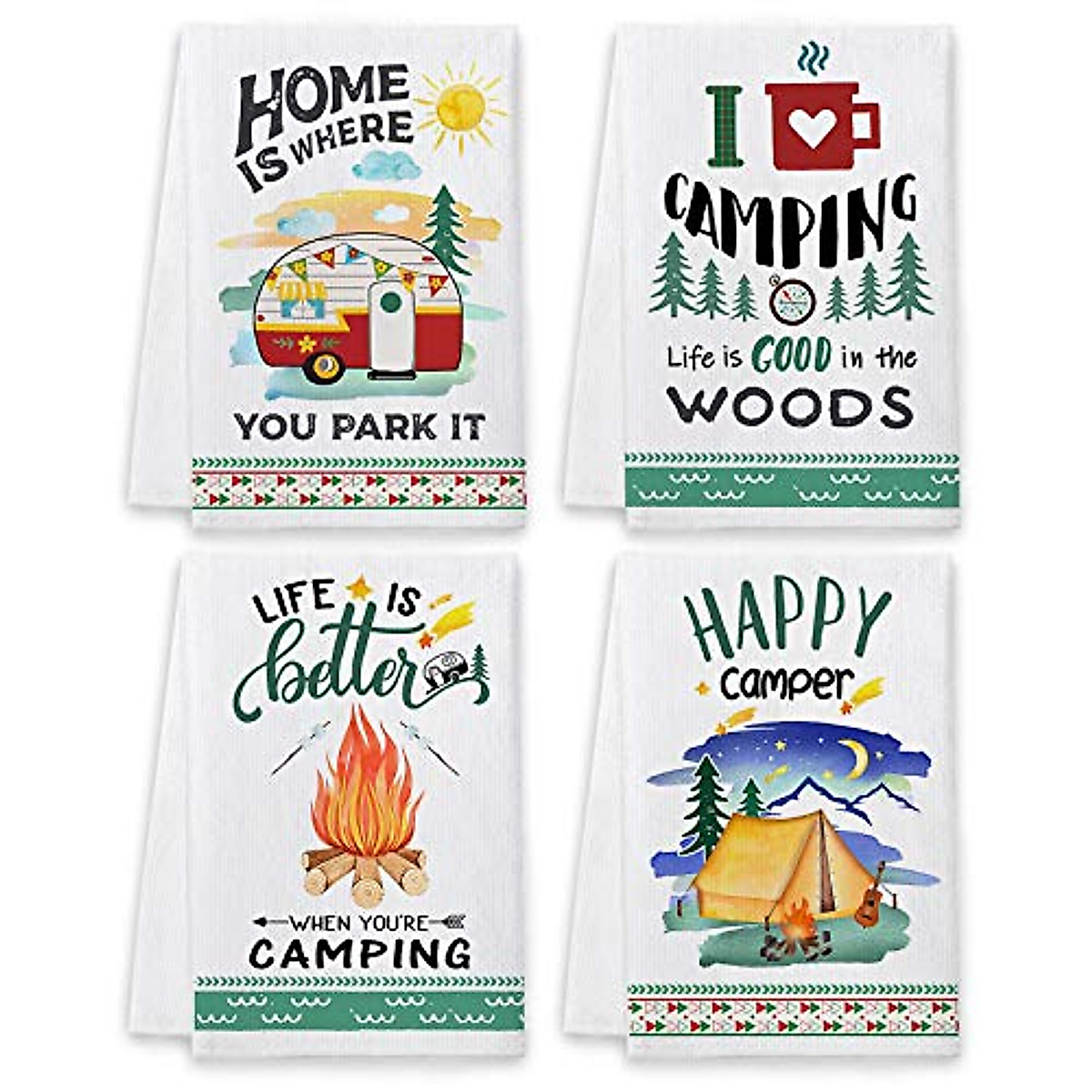 Bonsai Tree Camping Dish Towels and Dish Cloths, Funny Happy Camper Kitchen Hand Towels Sets of 4, Farmhouse RV Owners Lovers Sayings Quotes Tea Towels Housewarming Gifts Decor for Women New Home