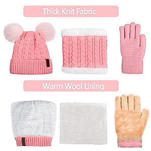 Kids Winter Hats Gloves Scarf Set for Girls Toddler Beanie Baby Neck Warmer Warm Thick Fleece Lining Thermal Pink Knit Cap with Cute Pom Pom for 6-10 Years Old, Gifts for Childrens