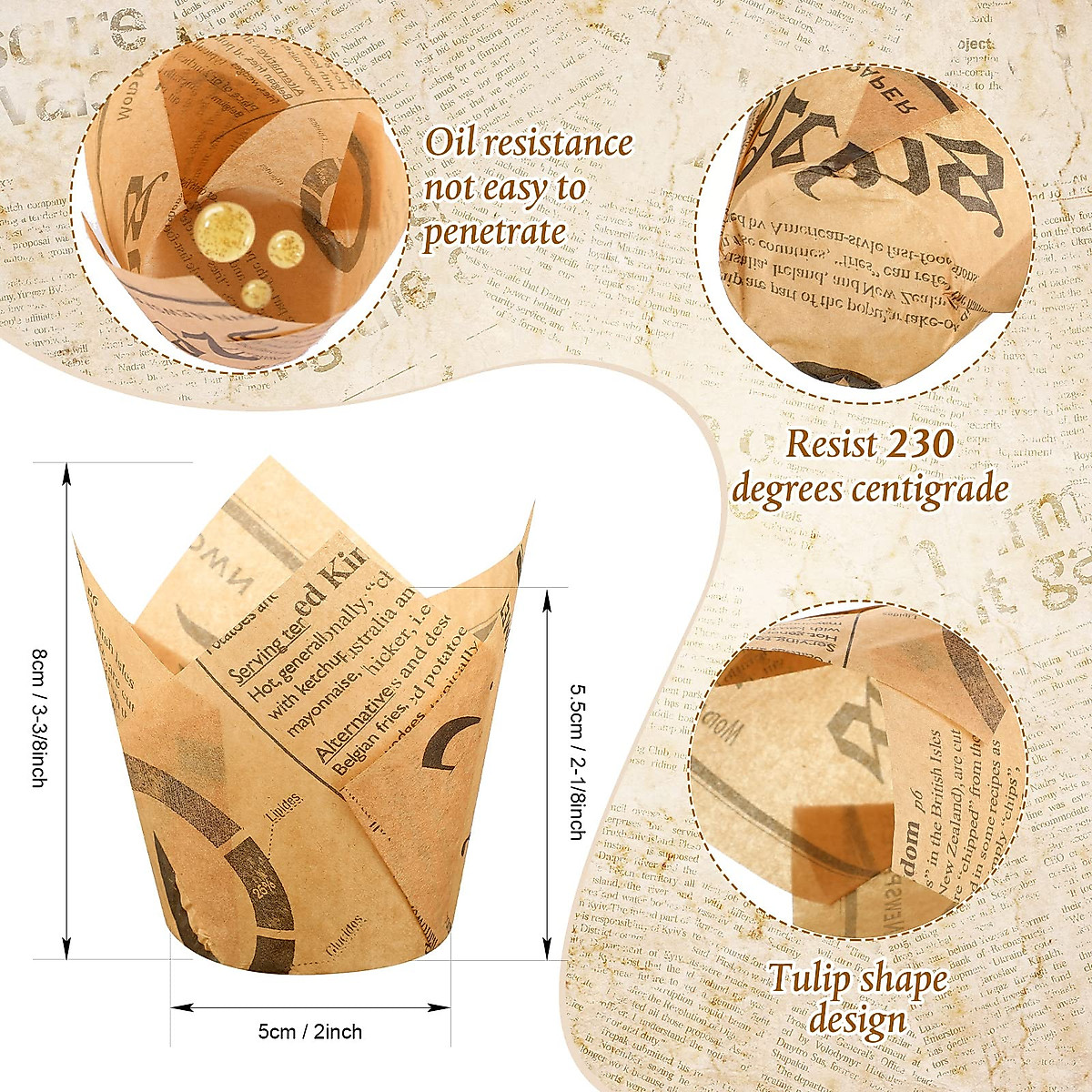 400 Pieces Tulip Cupcake Liners Newspaper Print Paper Cupcake Liner Greaseproof Muffin Liners Grease Resistant Cupcake Wrappers for Weddings Birthday Baby Showers Festival Party Supplies (Brown)