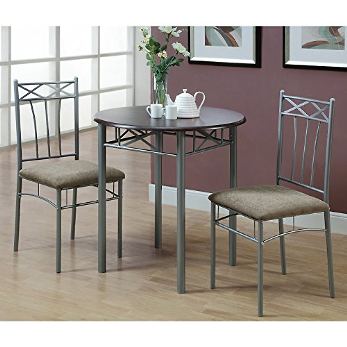 Monarch Specialties 3075 Table, 3pcs, Small, 30" Round, Kitchen, Metal, Laminate, Brown, Grey, Transitional Dining Set, 30" L x 30" W x 30" H, Silver