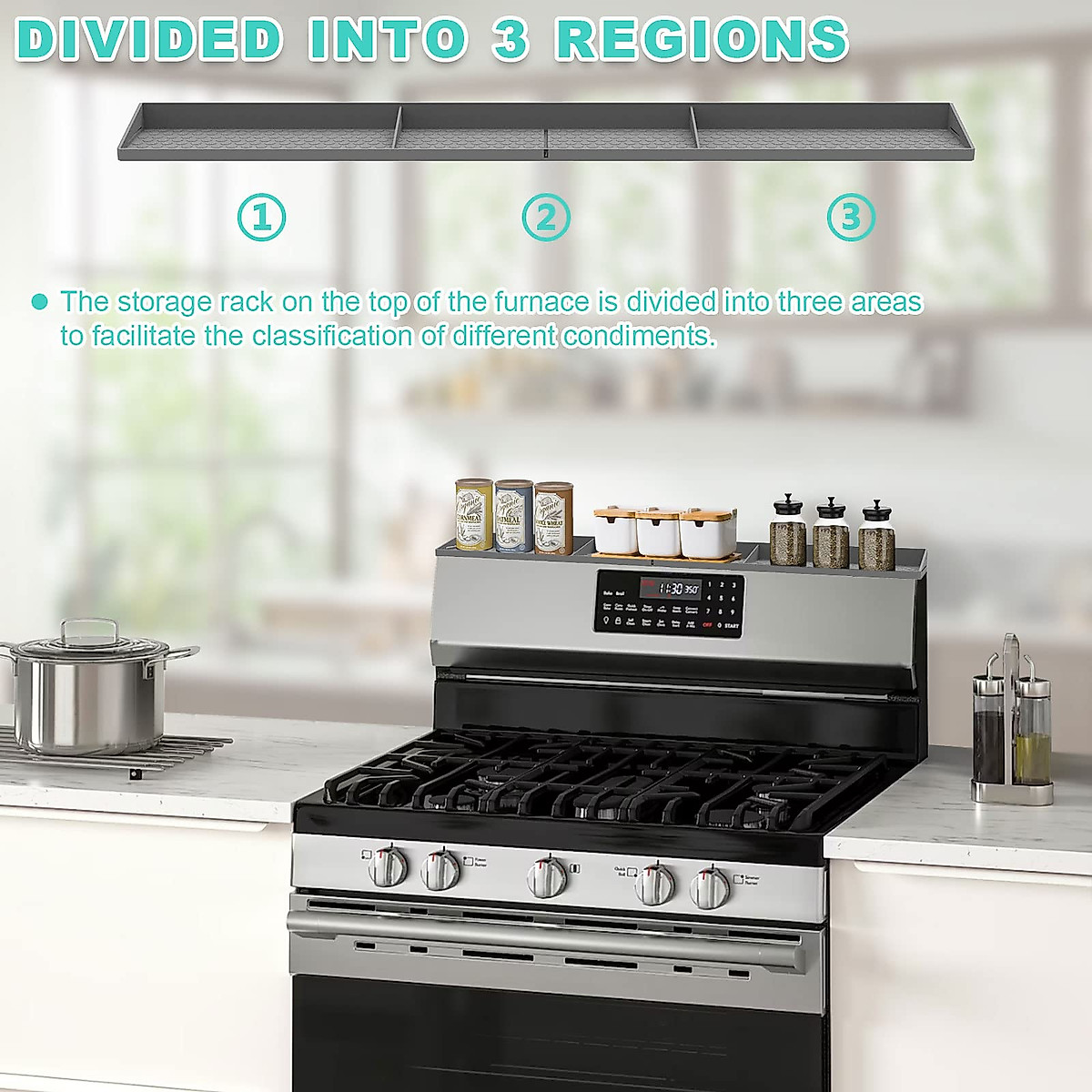 xingruyu 30 Inch Silicone Magnetic Stove Top Shelf, Magnetic Spice Rack Over the Stove, Condiment Storage Shelf, Heat Insulated Kitchen Gadgets, Zero Installation, Not Easy to Slide (Gray)