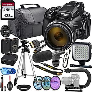 Nikon Intl. COOLPIX P1000 Digital Camera MFR 26522 Video Making Bundle + 128GB High Speed V30 Memory + LED Light, Shotgun Mic, Video U-Bracket + Bag, HD Filters and More (Renewed)