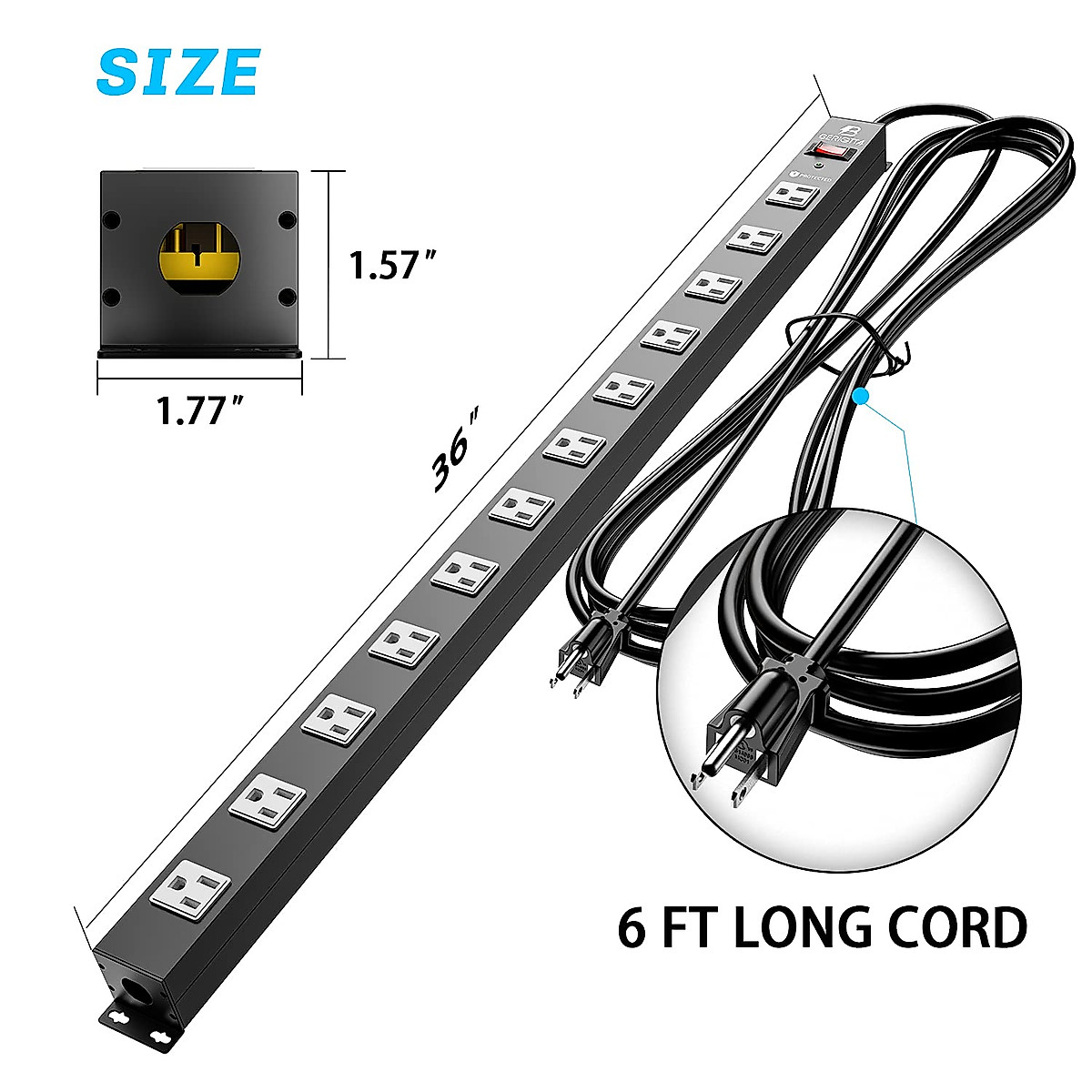 BERIGTTA 12 Outlet Surge Protector Metal Power Strip, 1800J Mountable Power Outlet, Heavy Duty Workshop Metal Power Strip for Commercial, Industrial, School and Home,15A 125V 1875W (6FT)