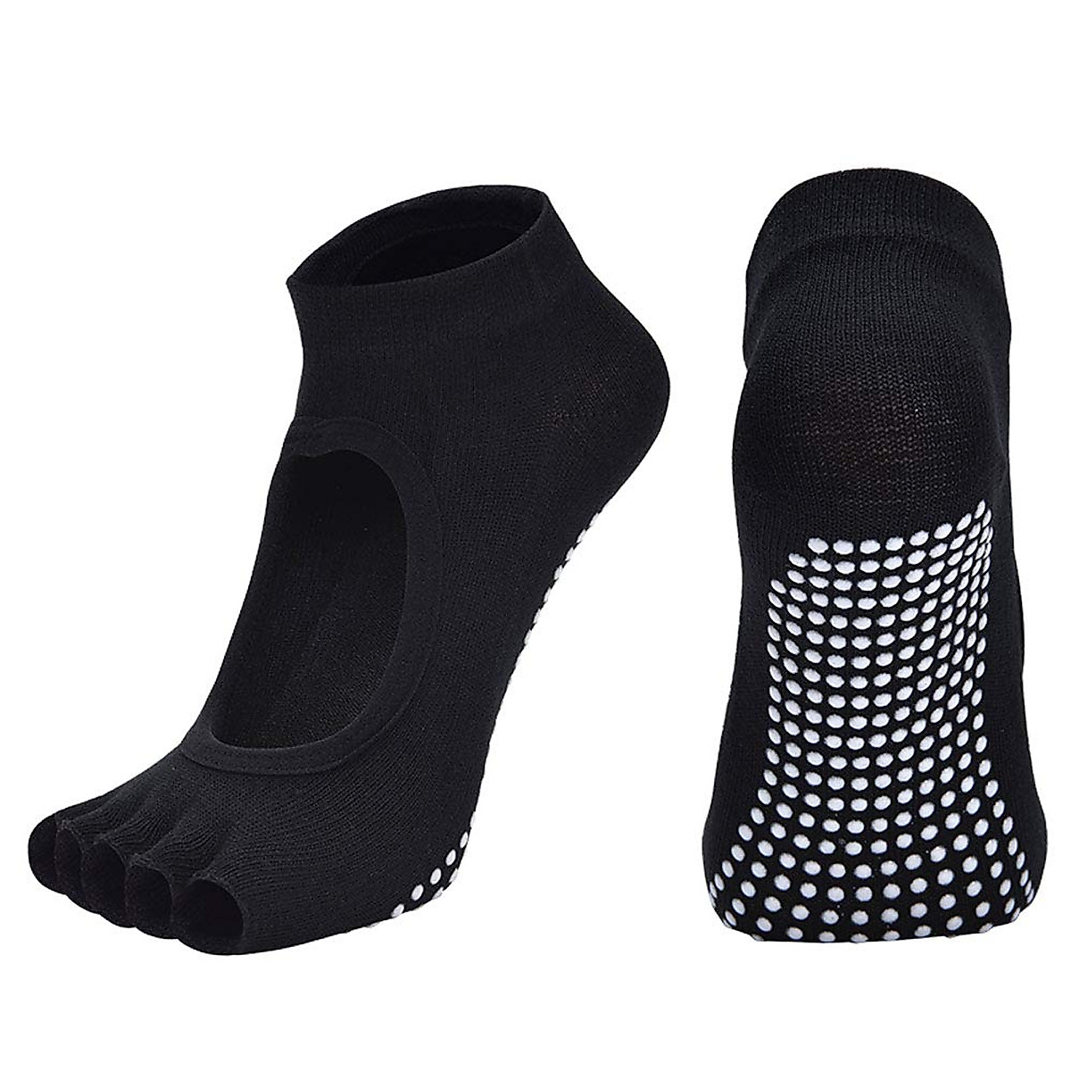 Vanktion 2 Pairs Toeless Yoga Socks Non-Slip Grips for Pilates Ballet Dance Barefoot Workout Cotton Open Toe Women Sports Socks (Black & Grey)