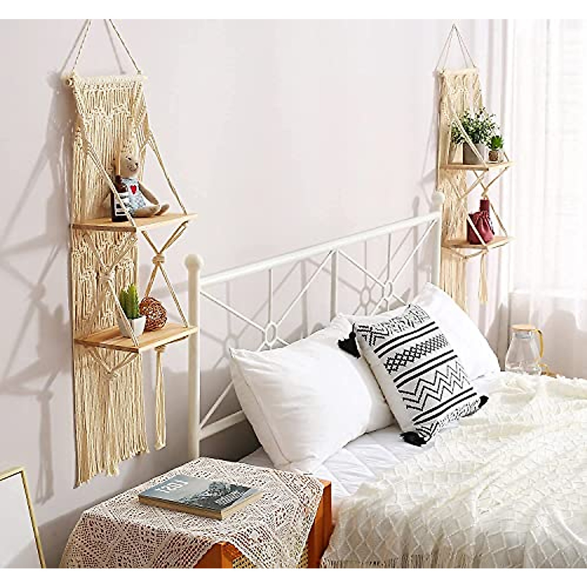 MAKEONEWO Macrame Wall Hanging Shelf Set of 2 Macrame Shelves Handmade Decorative Floating Boho Shelf-Plant Shelf Display Rack to Organize and Decor for Living Room, Bedroom, Bathroom (10" W/2 Tier)