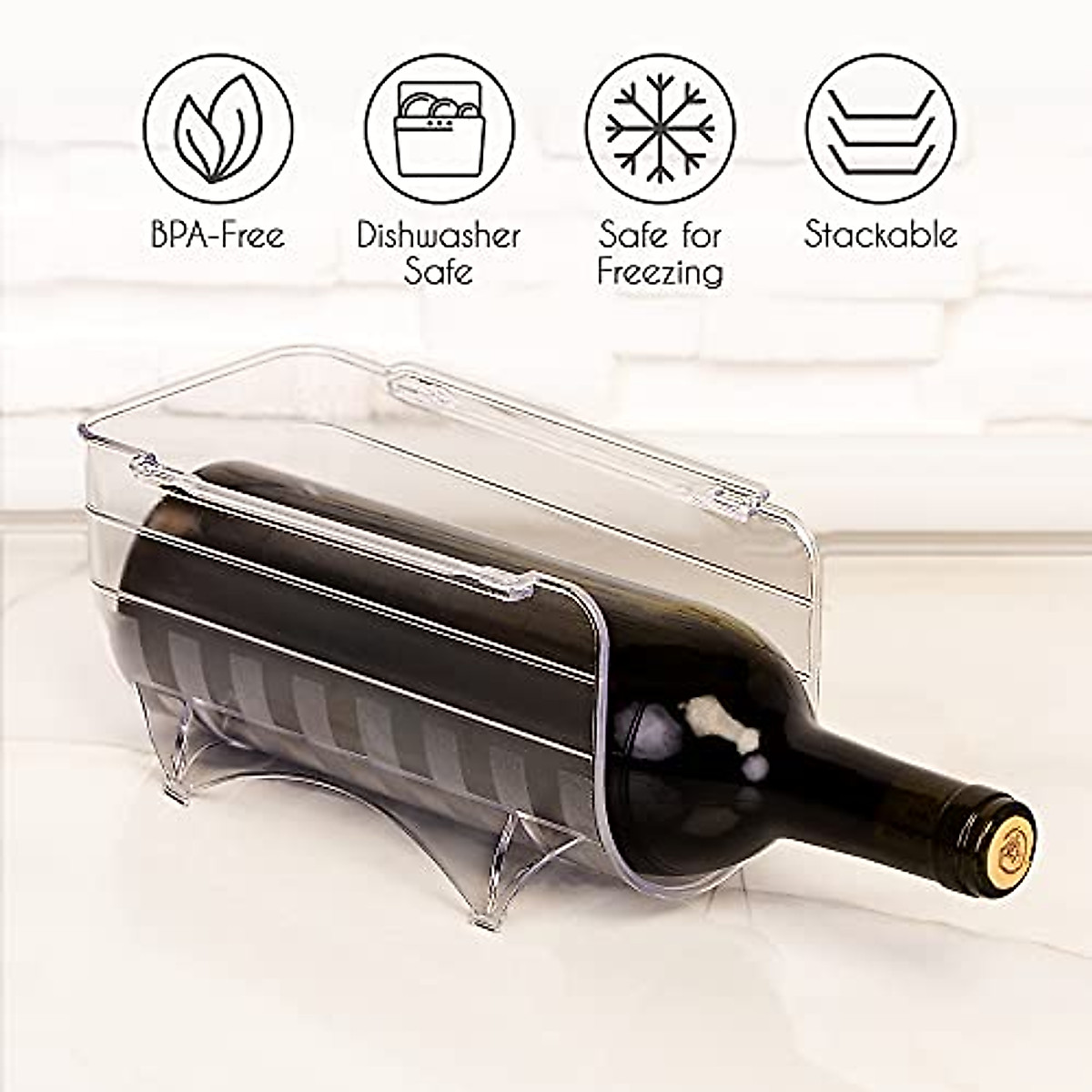 Crystalia Wine Storage Rack for Refrigerator, Plastic Water Bottle Organizer for Fridge, Vertical Stackable Beverage Stand for Soda, Beer and Vine, Clear Plastic Countertop Cabinet Bottle Holder