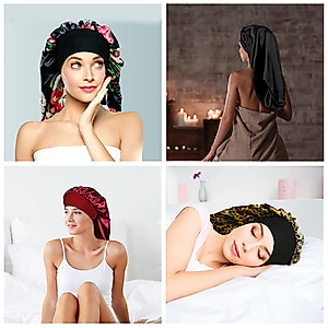 4 Pieces Satin Sleep Cap for Long Hair and Dreadlock, Extra Large 2 PCS Solid Color and 2 PCS Floral Pattern Sleeping Bonnet for Women