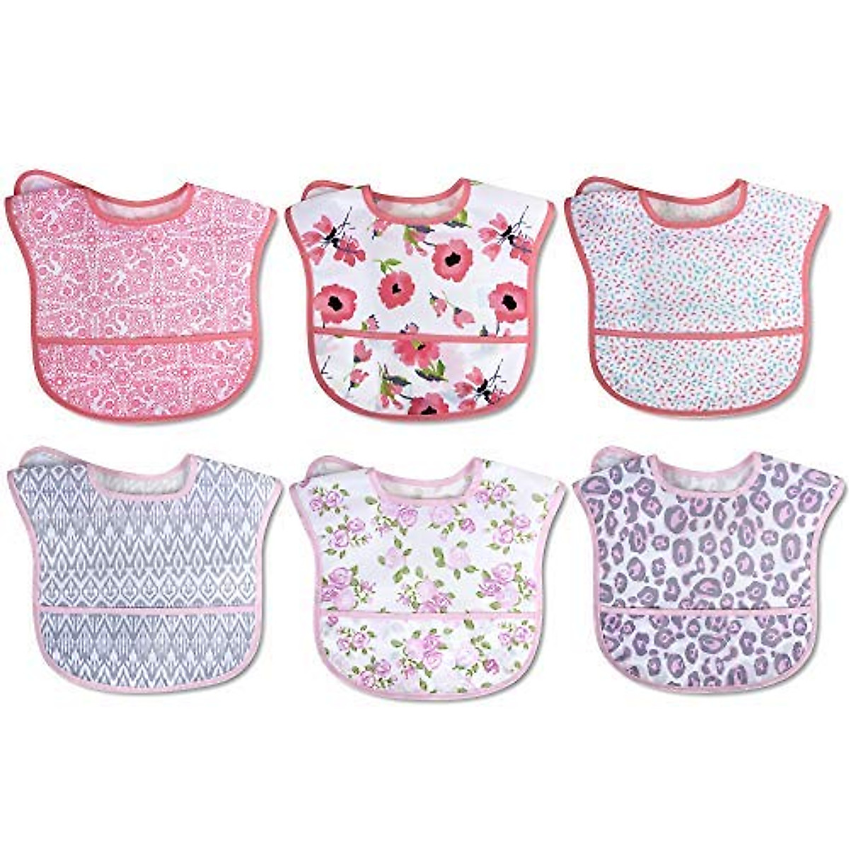 6 Pack Adjustable Waterproof Baby Bibs with Food Catcher Pocket - Pocket Bibs with Snaps for Babies, Toddlers, Infants