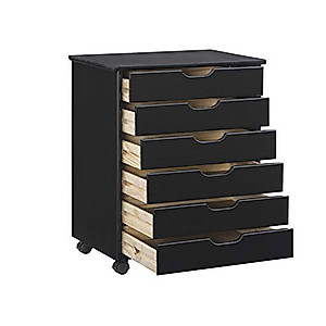 Linon Rolling Storage Corinne Cart, Six Wide Drawers, Black Wide