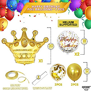 KatchOn, Gold Happy Birthday Balloon Set - 30 Inch, Pack of 7 | Crown Balloons Gold, Gold Confetti Balloons for Birthday Party | Gold Happy Birthday Printed Balloons, Queen Birthday Party Decorations