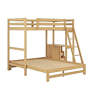 POCIYIHOME Twin Over Full Bunk Bed with Built-in Desk and Three Drawers, Wood Bunk Bed with Full-Length Guardrail & Solid Slat Support for Kids,Teens Bedroom, No Box Spring Needed, Natural