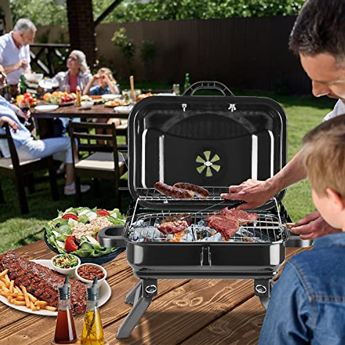 Portable Charcoal Grill Outdoor BBQ for Camping Folding Tabletop Grill with Lid for Outdoor Cooking Picnic Black