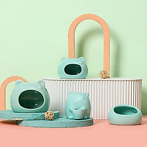 Cartoon Sculpted Ceramic Hamster House Food Feeding Bowl Water Bowl to Prevent Spilled Food and Chewing Tray Gerbils Chinchilla Ferret Hedgehog Small Animals (Cyan)