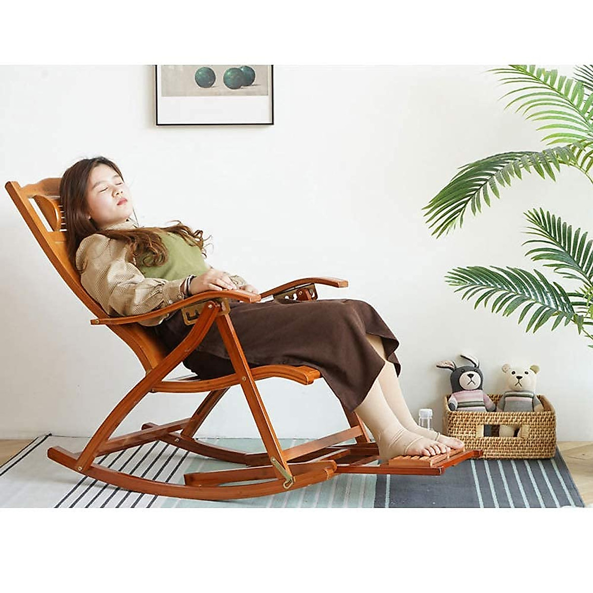BROHN Lounge Chair, Lounge Chairs, Lounge Chairs,Bamboo Rocking Chair Adjustable Folding Recliner Summer Outdoor Sun Loungers Armchair Balcony Old Man Siesta Chair,Support 300kg
