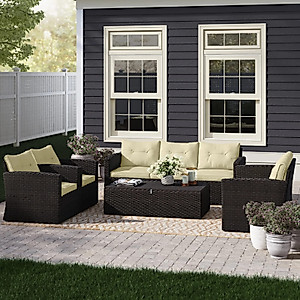 Thy-Hom Rio 5 Piece Outdoor Patio Furniture Sets, Patio Furniture Outdoor Sectional Sofa, All Weather Woven Wicker Patio Sofa Brown PE Rattan Patio Conversation Set w/Cushion and Table