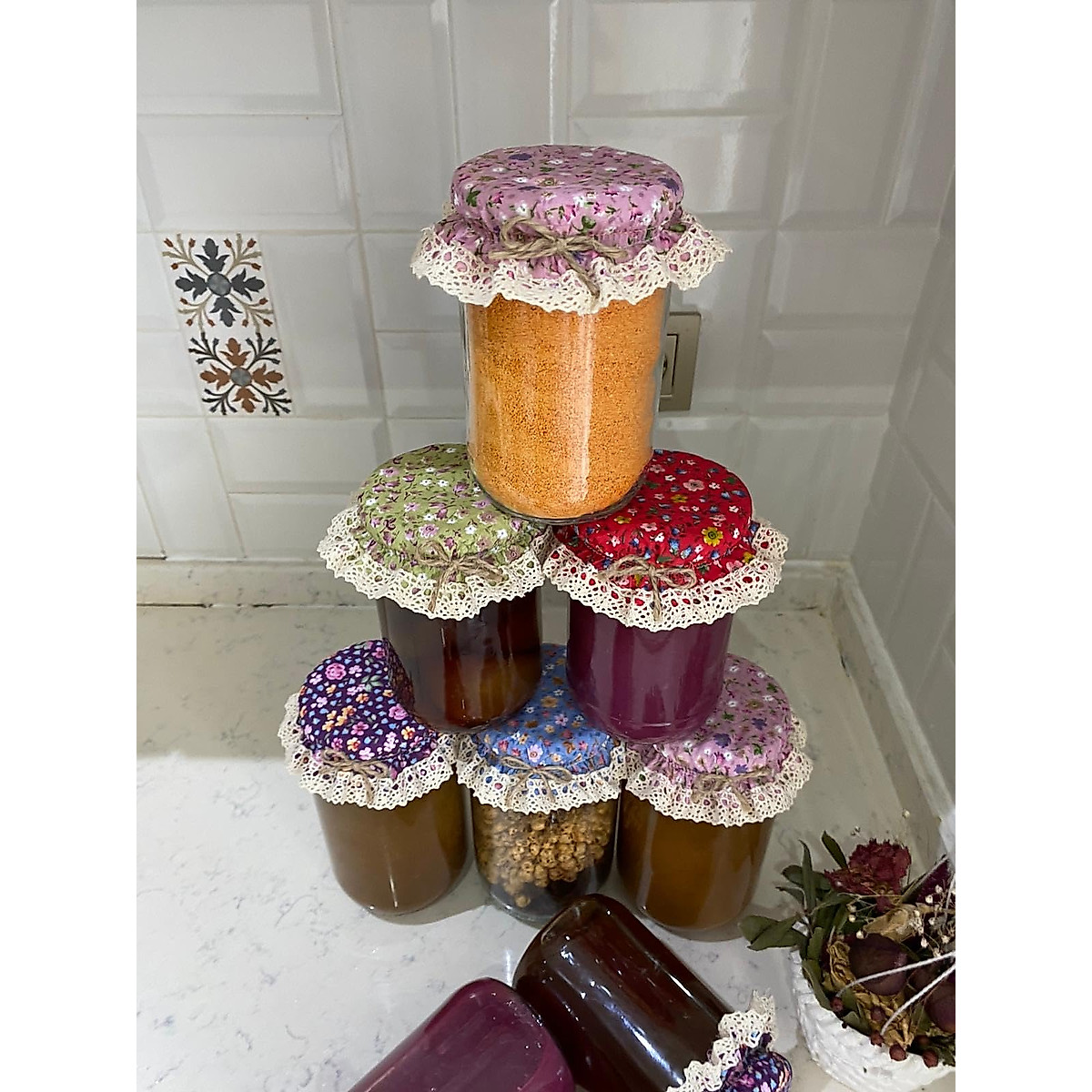 10 Pieces Elastic Jar Cover Cloth - 100% Cotton Jar Cover Cloth - Stretchy Colorful (Red,Blue,Yellow,Pink,Green) Flowered Pattern - Breathable Fermentation Lid Bowl - Reusable Elastic Cloth Jar Covers