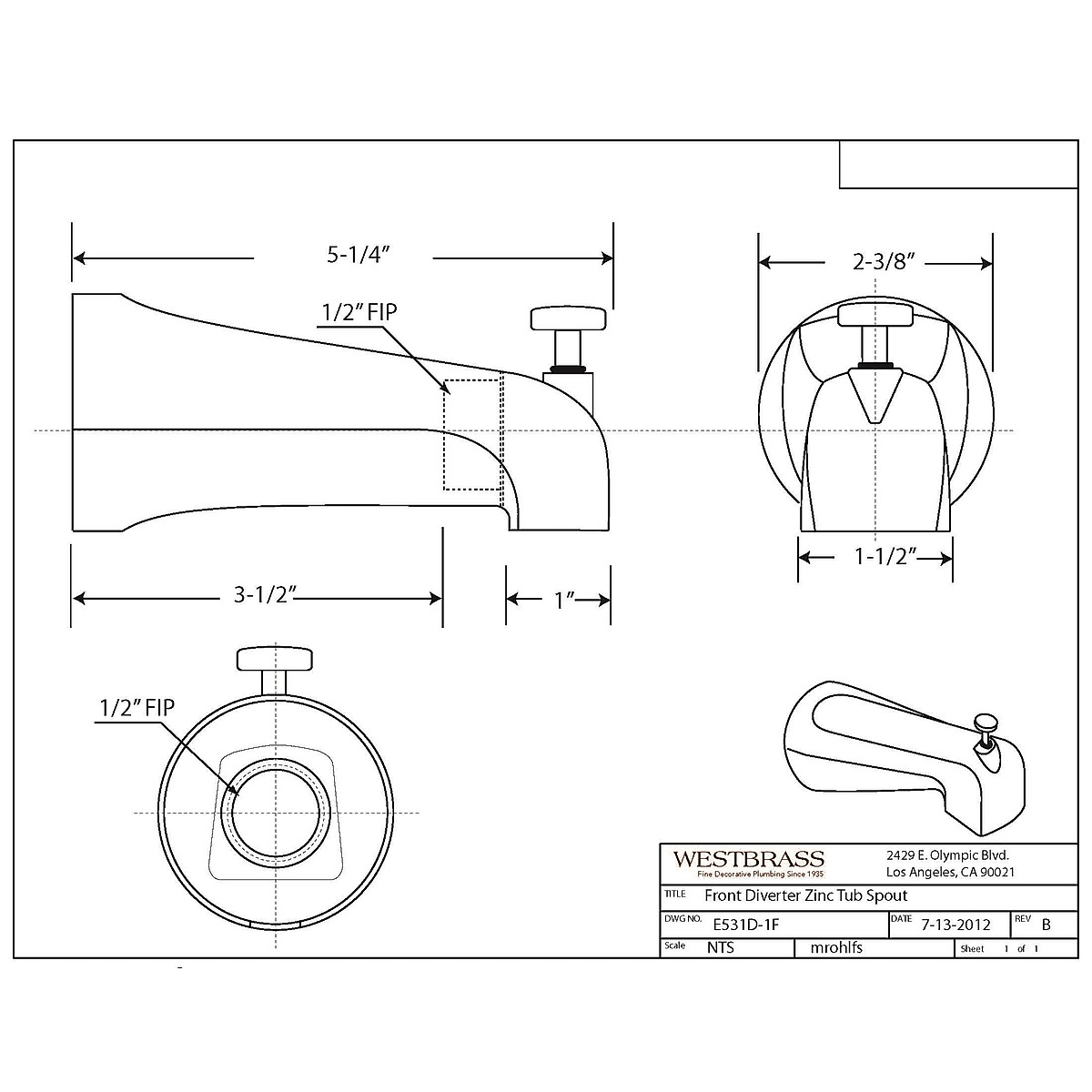 Westbrass A531D-1F-62 5-1/4" Reach Wall Mount Tub Spout with Front Diverter, Zinc, Matte Black