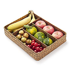 Seagrass Storage Basket with Compartments Utensil Tray for Organization Silverware Flatware Rectangular Shelf Baskets with 4 Sections