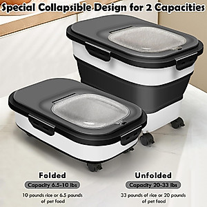 Rice Storage Container, 20-30Lbs Airtight Large Dog Cat Food Storage Containers with Wheels, Scoop & Measuring Cup, Collapsible Kitchen Flour Bin, Dry Food Storage Holder for Rice Kibble Pet Food
