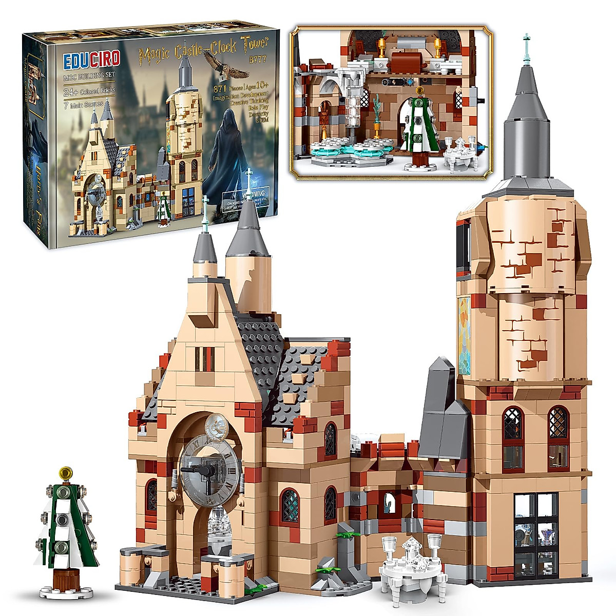 Under the Baubles Harry Castle Clock Tower Building Toy Set with Dumbledore Office Building, Magic Castle Architecture Model for Boys and Girls, Gift Ideas for Potter Fans Kids Aged 8-14 (871 PCS).