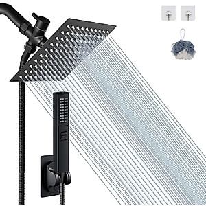 Shower Head, 8'' Matte Black Shower Head with hose, 2 in 1 Setting High Pressure Shower Heads, Anti-leak Rainfall Shower Head with Holder, Dual Rain Shower Head with Handheld Spray, Bellearlly
