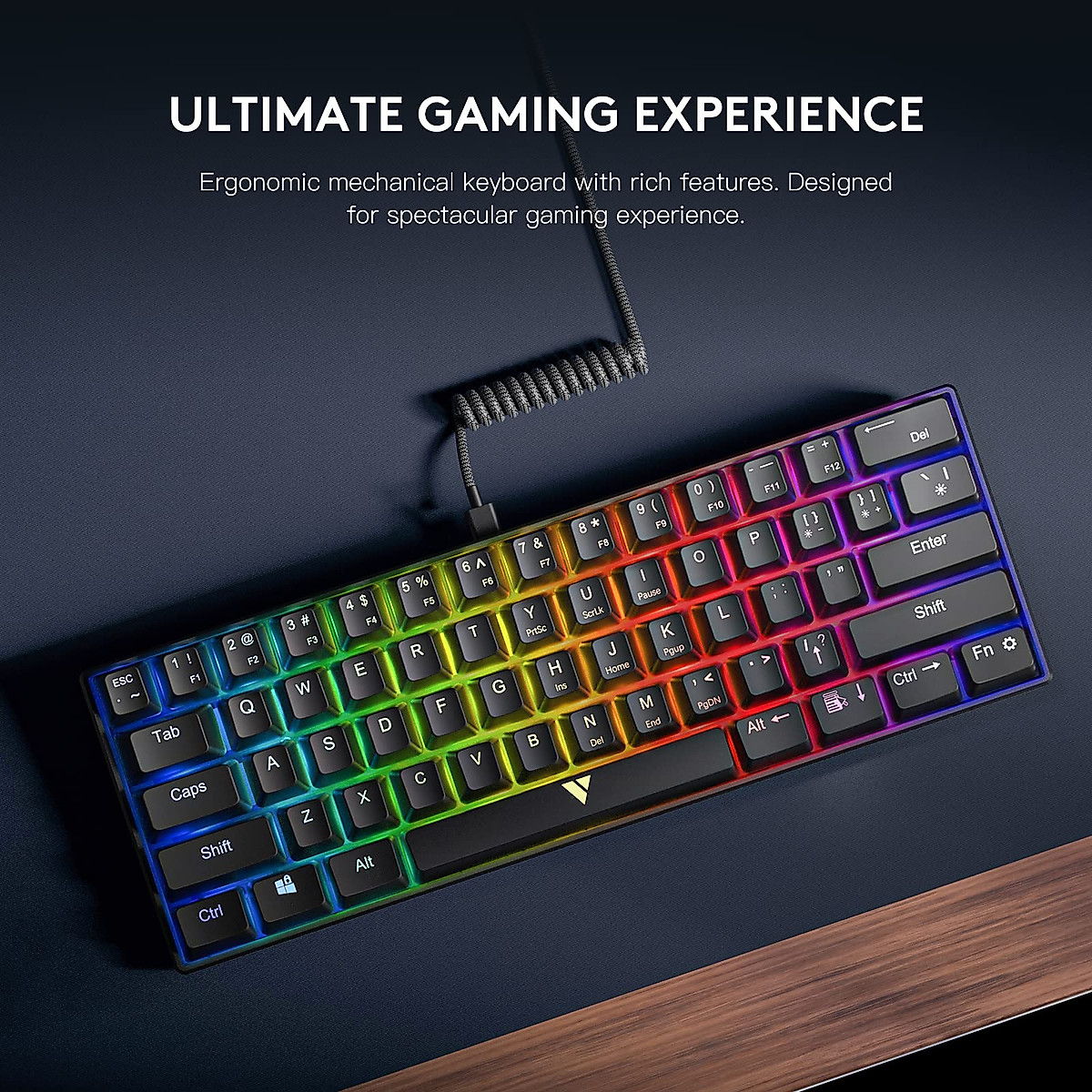 GTRACING Mechanical Gaming Keyboard 60% Colorful Backlit Wired Ultra Compact 61 Keys Mini for Computer PC Laptop Windows Type-C Blue Switches GT882