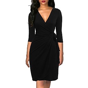 Berydress Women's Vintage 3/4 Sleeve V-Neck Knee-Length Sheath Draped Belt Faux Black Wrap Dress (XL, 6083-Black)