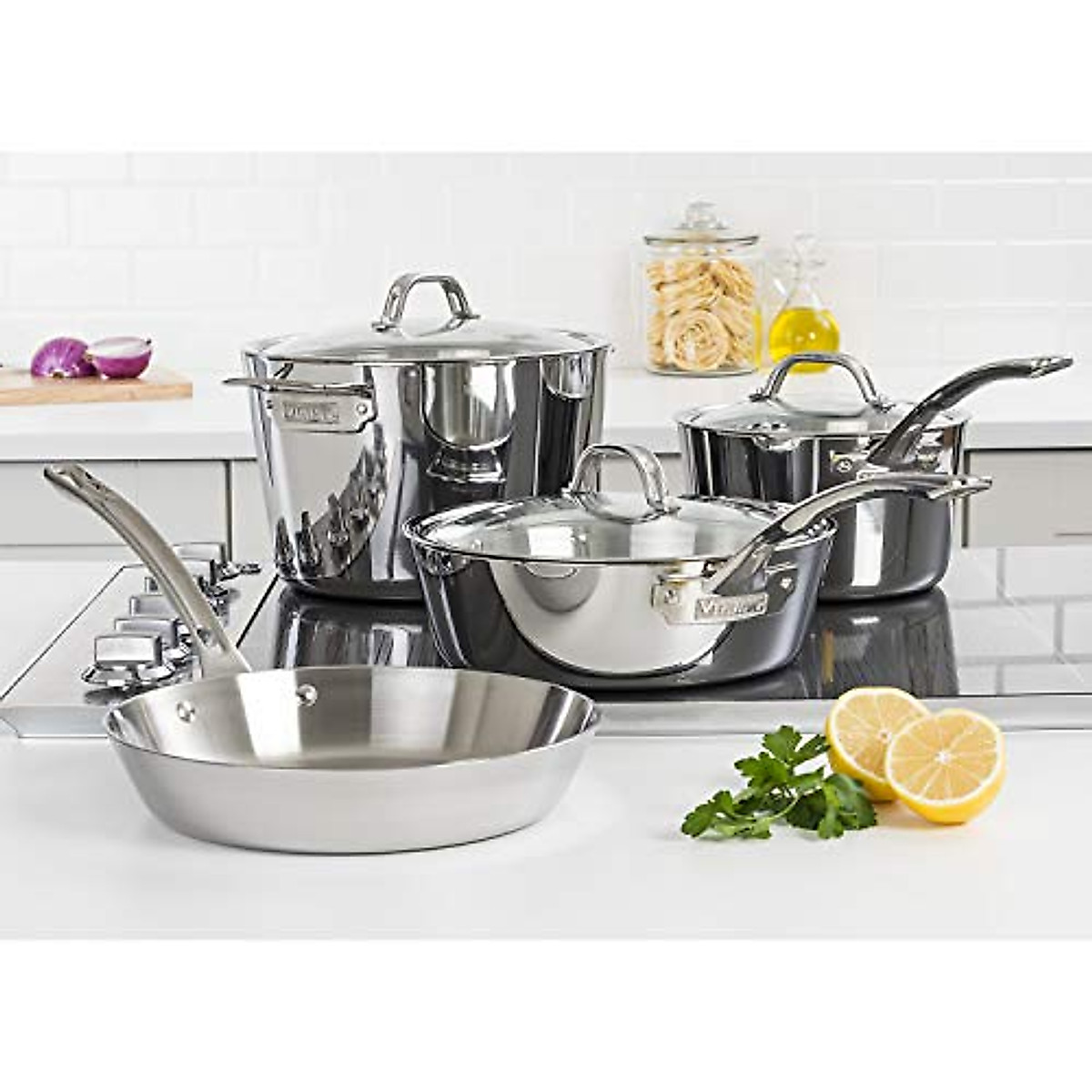 Viking Culinary Contemporary 3-Ply Stainless Steel Cookware Set, 7 Piece, Includes Glass Lids, Pots & Pans, Dishwasher, Oven Safe, Works on All Cooktops including Induction